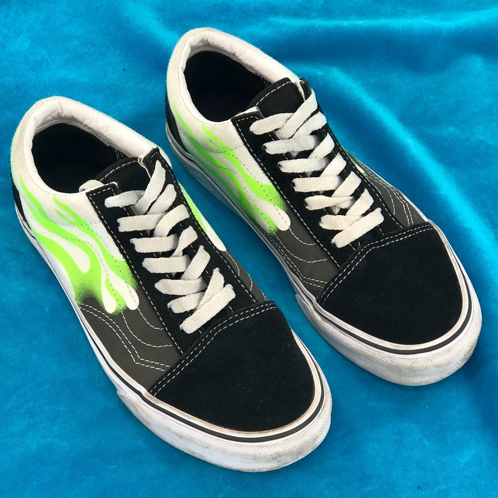 Black And White Vans With Neon Green Flame Mens Sz 5.… - Gem